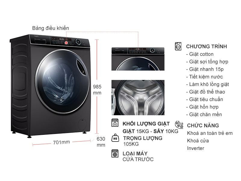 Máy Giặt Sấy Aqua Inverter AQD-AH1500H.PS 15/10 Kg Giá Rẻ | Nguyễn Kim