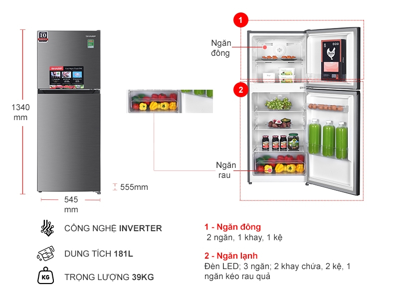 Tủ Lạnh Sharp Inverter 181 Lít SJ-X198V-SL Giá Rẻ, Chính Hãng | Nguyễn Kim