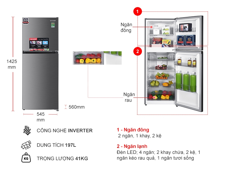 Tủ Lạnh Sharp Inverter 215 Lít SJ-X215V-SL Giá Rẻ, Chính Hãng | Nguyễn Kim