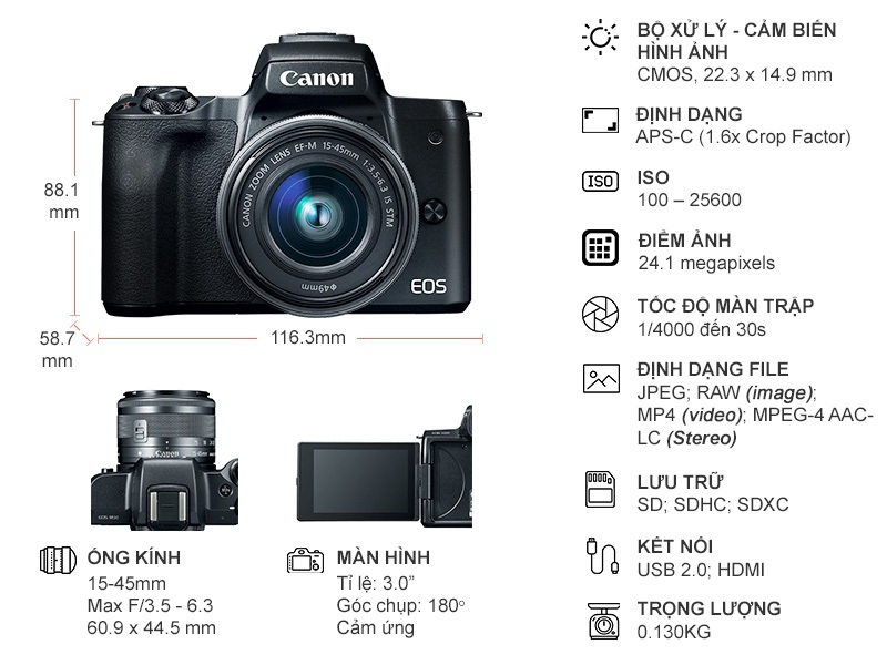 Máy Ảnh Canon EOS M50 - Kit 15-45mm Đen | Nguyễn Kim