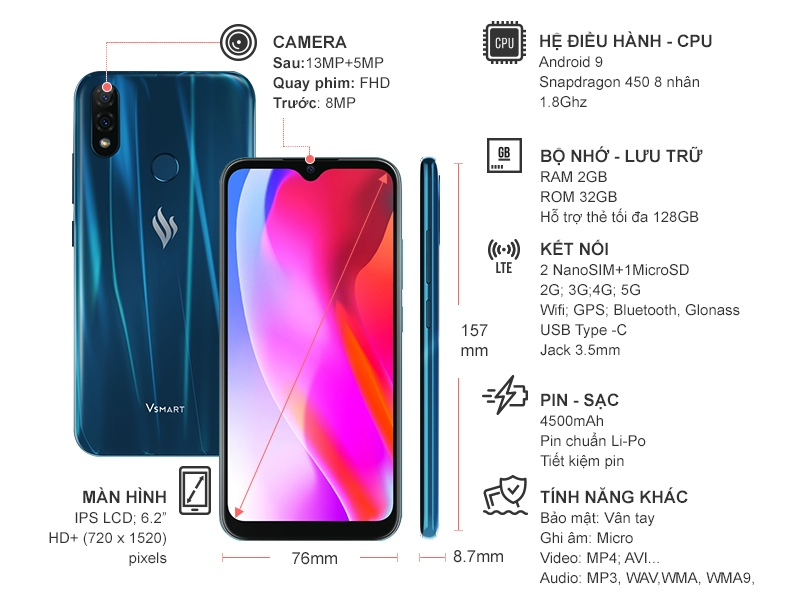 Điện Thoại Vsmart JOY 2+ (2G+32G) Xanh Huyền Ảo | Nguyễn Kim