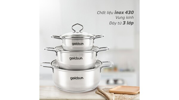 Bộ nồi inox 3 đáy Goldsun GPS1700 Chính Hãng, Giá Rẻ tại Nguyễn Kim