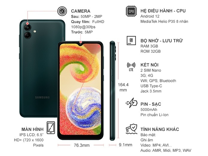 Điện Thoại Samsung Galaxy A04 3GB/32GB Xanh Chính Hãng, Giá Tốt ...