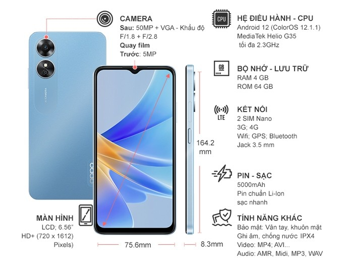 Điện Thoại OPPO A17 4GB/64GB Xanh Chính Hãng, Giá Tốt | Nguyễn Kim