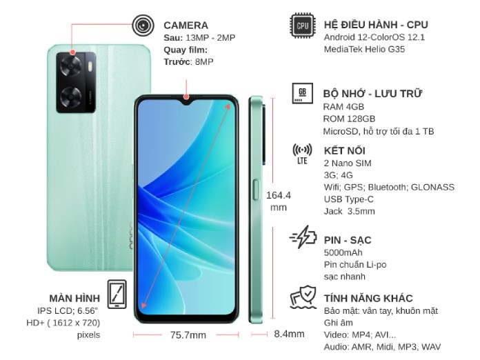 Điện Thoại OPPO A57 4GB/128GB Xanh Chính Hãng, Giá Tốt | Nguyễn Kim