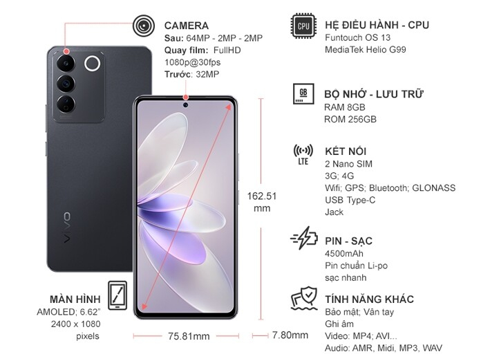 Điện Thoại Vivo V27e 8GB/256GB Đen Giá Rẻ, Chính Hãng | Nguyễn Kim