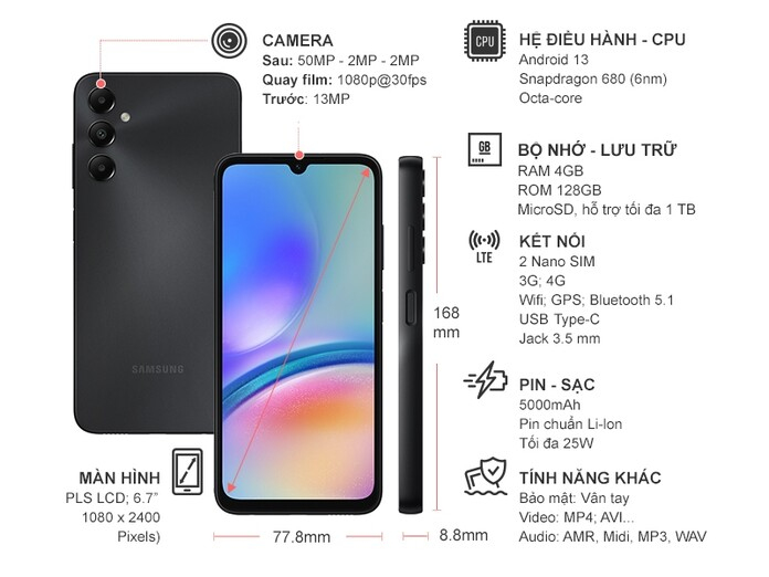 Samsung Galaxy A05s 4GB/128GB đen chính hãng, giá rẻ, góp 0%