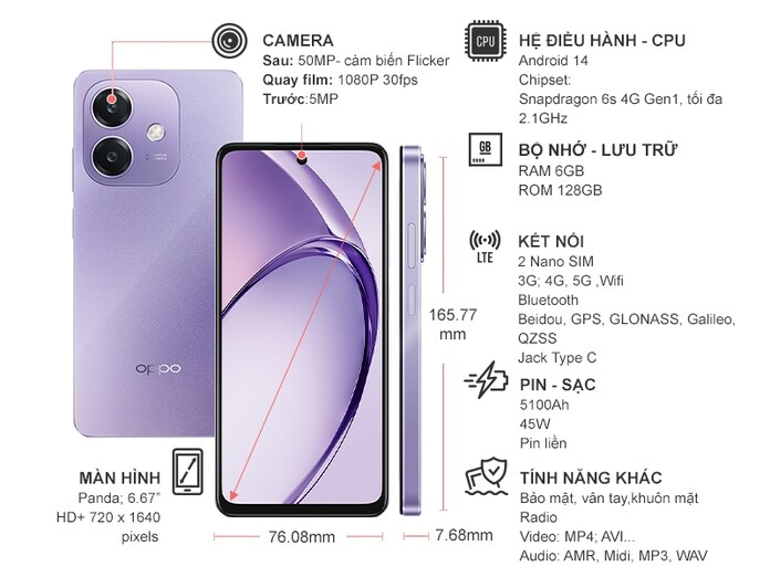 Điện Thoại OPPO A3 6GB/128GB Tím (CPH2669) Giá Rẻ, Chính Hãng | Nguyễn Kim