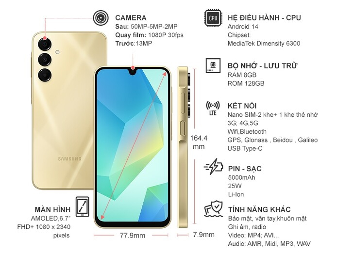Samsung Galaxy A16 5G 8GB/128GB (SM-A166P/DS) Vàng Giá Rẻ | Nguyễn Kim