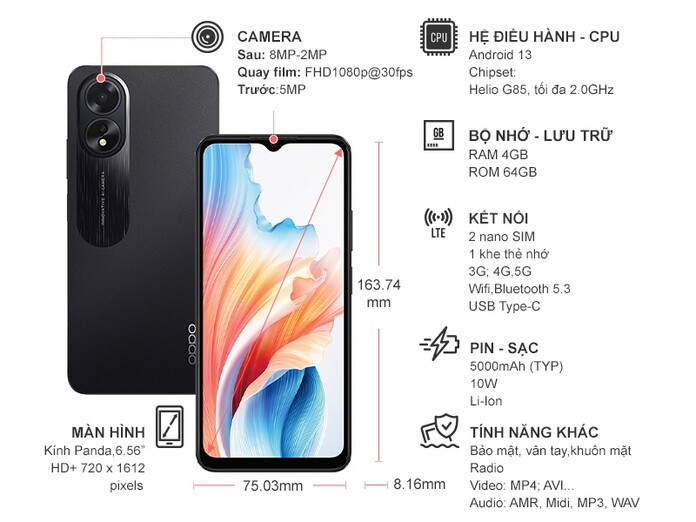 Điện Thoại OPPO A18 4GB/64GB Đen (CPH2591) Giá Rẻ, Chính Hãng | Nguyễn Kim