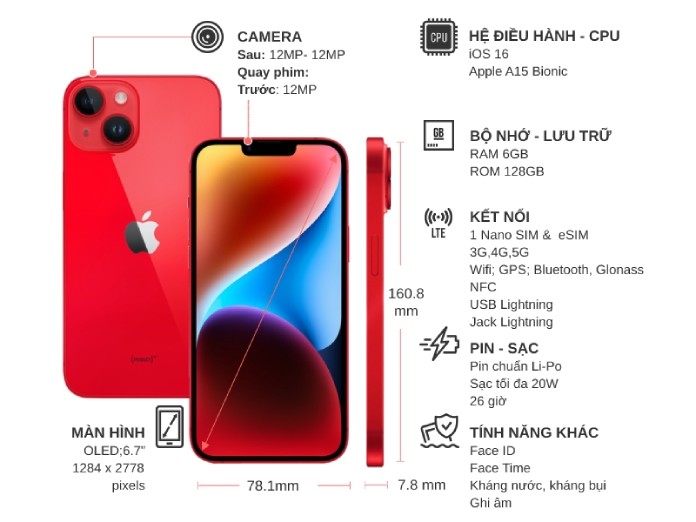 Điện thoại iPhone 14 Plus 128GB Đỏ Chính Hãng, Giá Tốt | Nguyễn Kim
