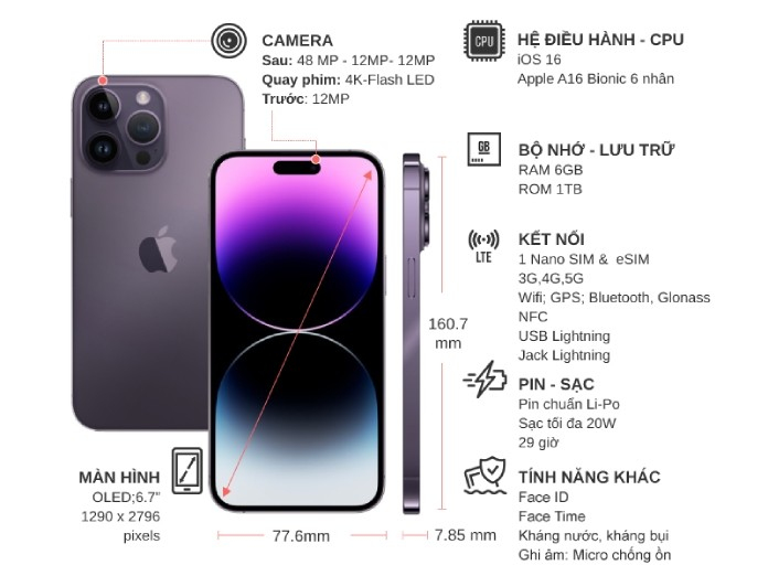 Điện thoại iPhone 14 Pro Max 1TB Tím Giá Tốt, Chính Hãng | Nguyễn Kim