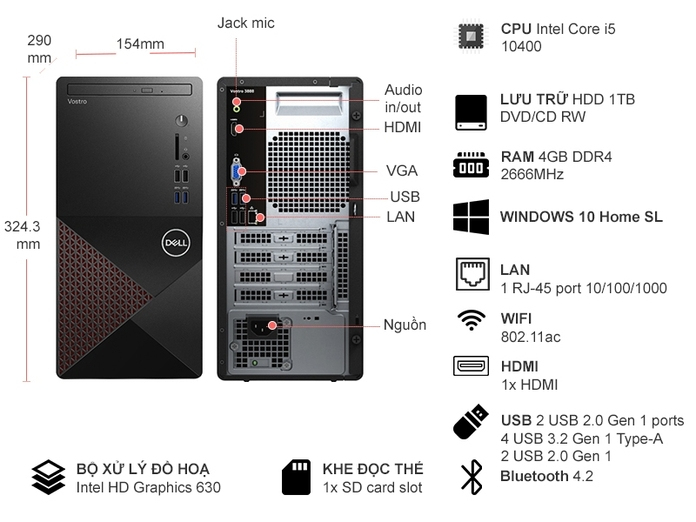 PC Dell Vostro 3888 MT i5-10400/4GB/1TB/Win10 (RJMM6Y11) | Nguyễn Kim