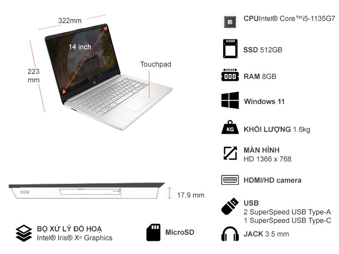Laptop HP 14S-DQ2544TU i5 -1135G7/8GB/512GB SSD/Win11 (46M22PA ...