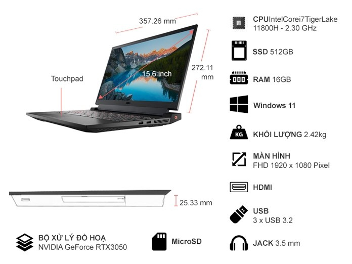 Laptop Dell Gaming G15 5511 i7-11800H/16GB/512GB/Win11 P105F006BGR | Nguyễn Kim