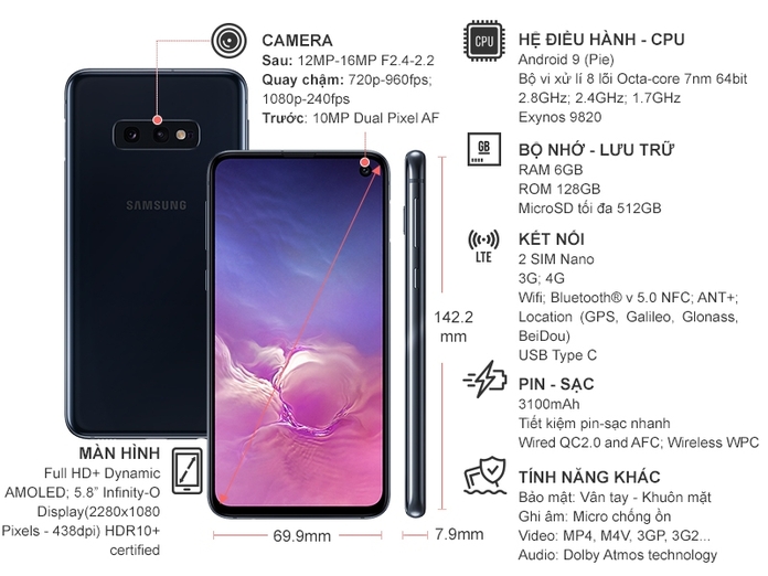Điện thoại Samsung Galaxy S10e 128GB màu đen chính hãng tại Nguyễn Kim