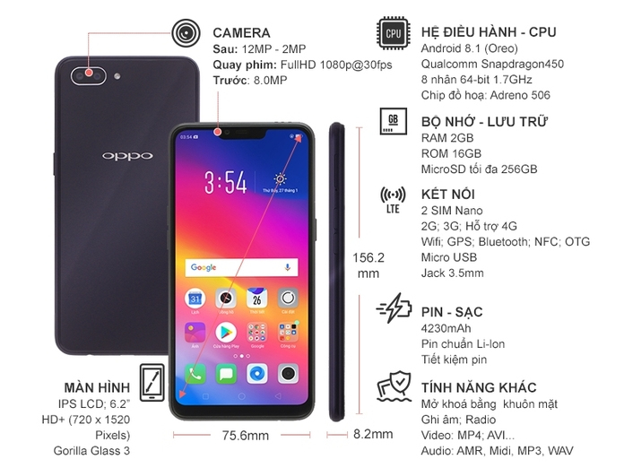 Điện thoại Oppo A3s (1853) màu tím đen chính hãng tại Nguyễn Kim