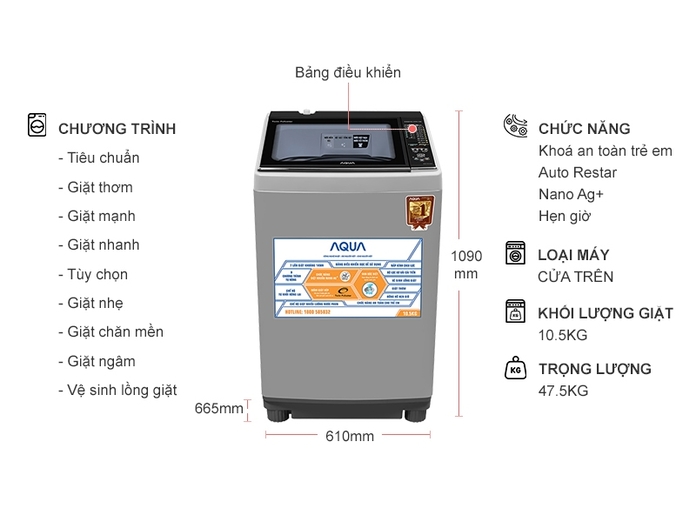 Máy giặt Aqua 10.5 kg AQW-FW105AT (S) | nguyenkim.com