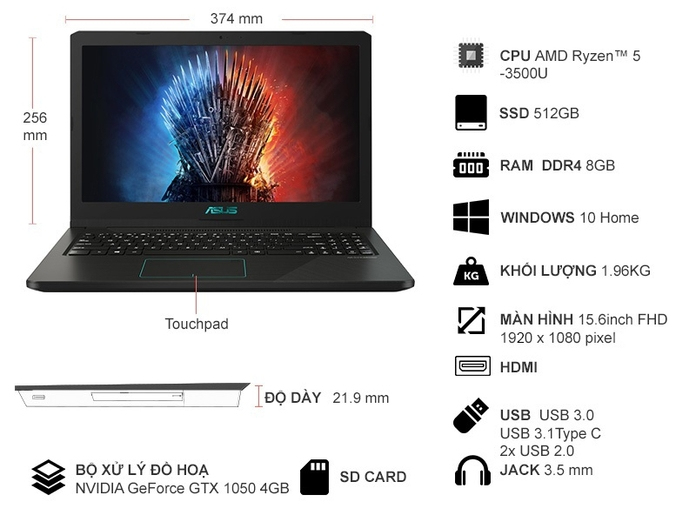 Laptop Asus D570DD-E4050T màu đen chính hãng tại Nguyễn Kim