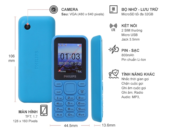 Philips E105 xanh duong chính hãng, giá tốt | nguyenkim.com