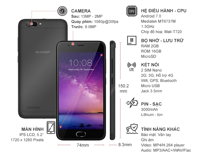 Điện thoại Sharp Pi (IF9007) màu đen chính hãng tại Nguyễn Kim