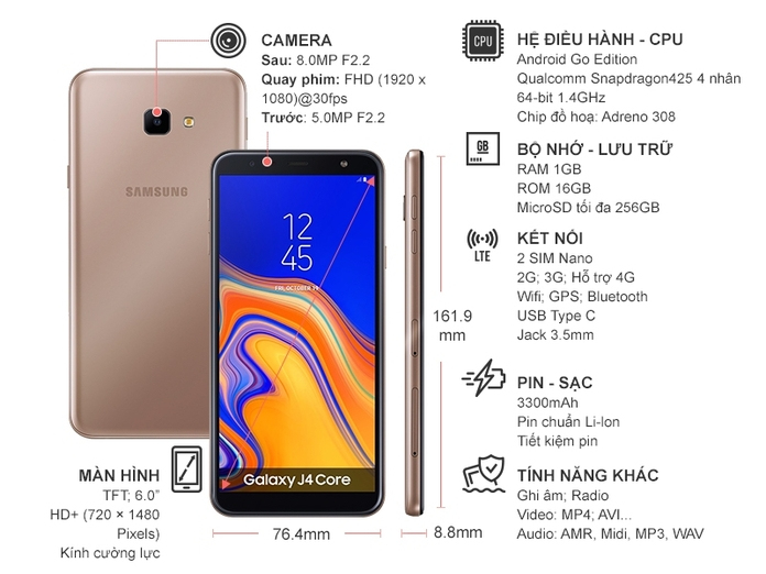 Samsung Galaxy J4 Core SM-J410F/DS Chính Hãng, Giá Rẻ, Thiết Kế Đẹp