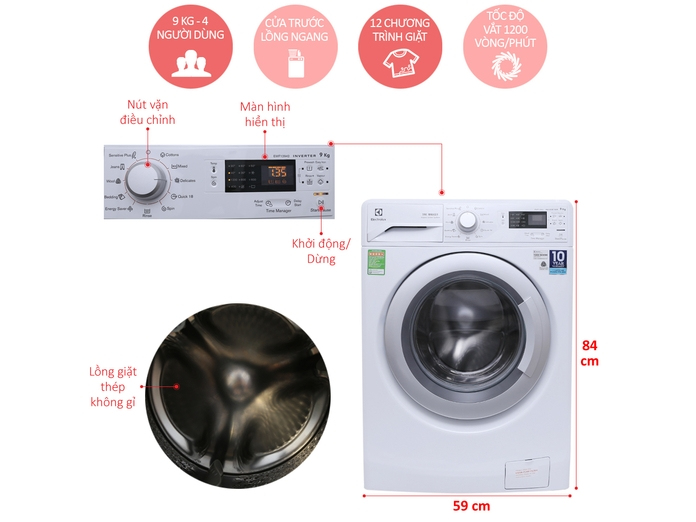Máy giặt Electrolux EWF12942 9 kg giảm giá, khuyến mãi tại Nguyễn Kim
